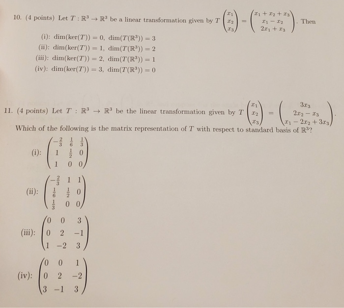 Solved 10. (4 points) Let T: R3 R3 be a linear | Chegg.com