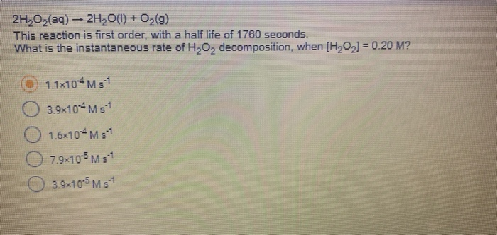 Solved 2H2O2(aq) + 2H2O(l) + O2(g) This reaction is first | Chegg.com