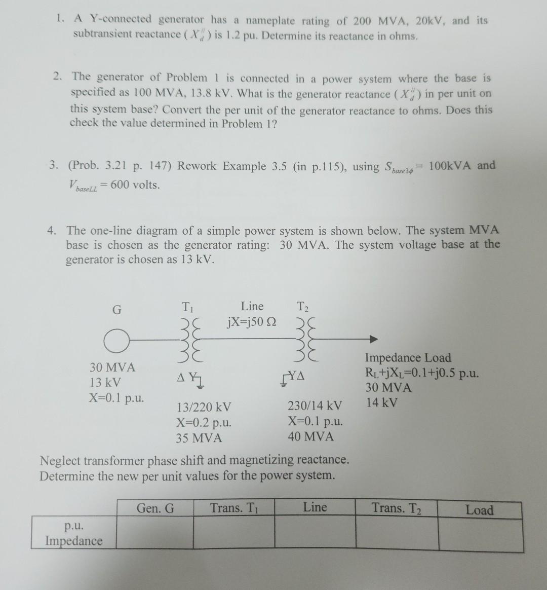 Solved 1. A Y-connected generator has a nameplate rating of | Chegg.com