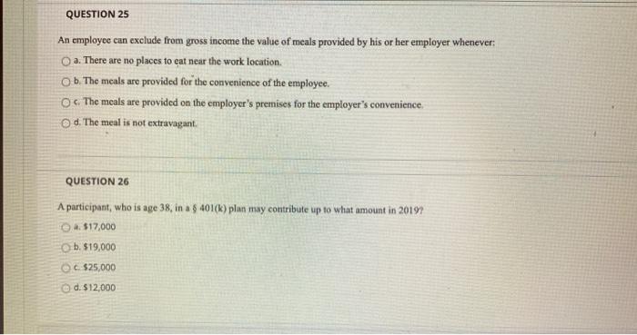 Solved QUESTION 25 An employee can exclude from gross income | Chegg.com Solved QUESTION 25 An employee can exclude from gross income | Chegg.com
