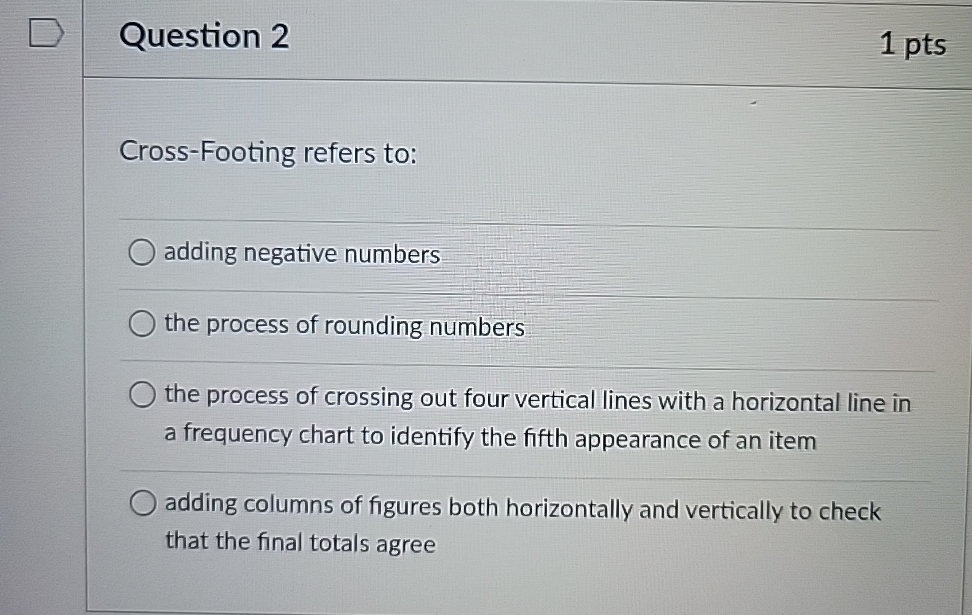 Solved Question 21 ﻿ptsCross-Footing refers to:adding | Chegg.com