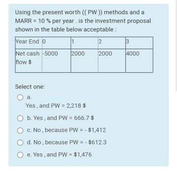 Solved Using the present worth ((PW) methods and a MARR = | Chegg.com