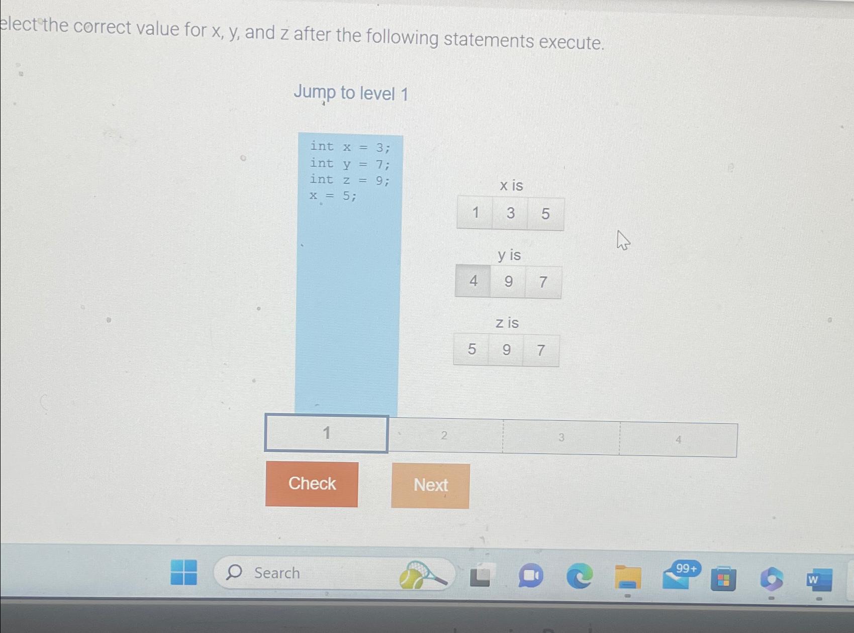 Solved elect the correct value for x,y, ﻿and z ﻿after the | Chegg.com