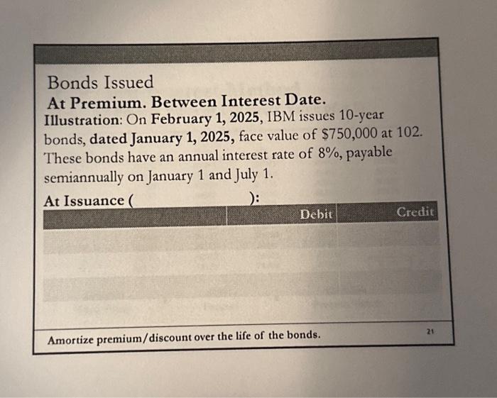 Solved Bonds Issued At Premium. Between Interest Date. | Chegg.com