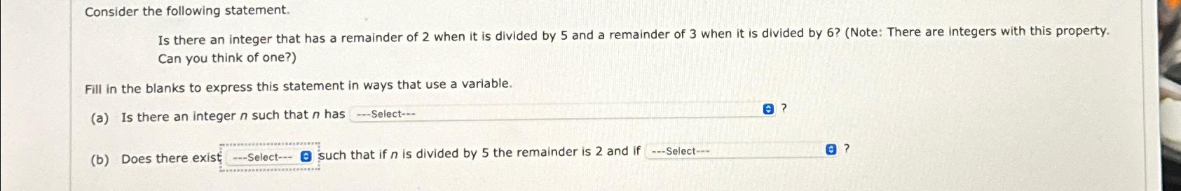 Solved Consider the following statement.Is there an integer | Chegg.com
