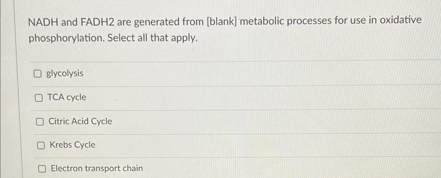 Solved NADH and FADH2 ﻿are generated from [blank] ﻿metabolic | Chegg.com