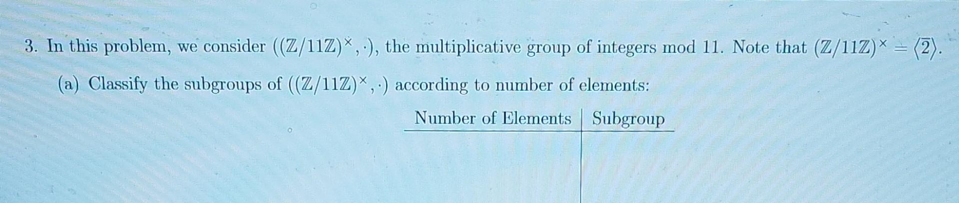 Solved 3. In this problem, we consider ((Z/11Z)x,⋅), the | Chegg.com