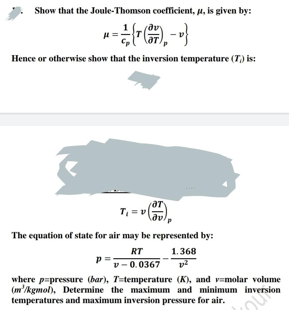 Solved Show that the Joule-Thomson coefficient, u, is given | Chegg.com