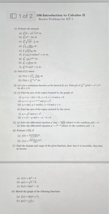 Solved 1 of 2 106-Introduction to Calculus II Review | Chegg.com