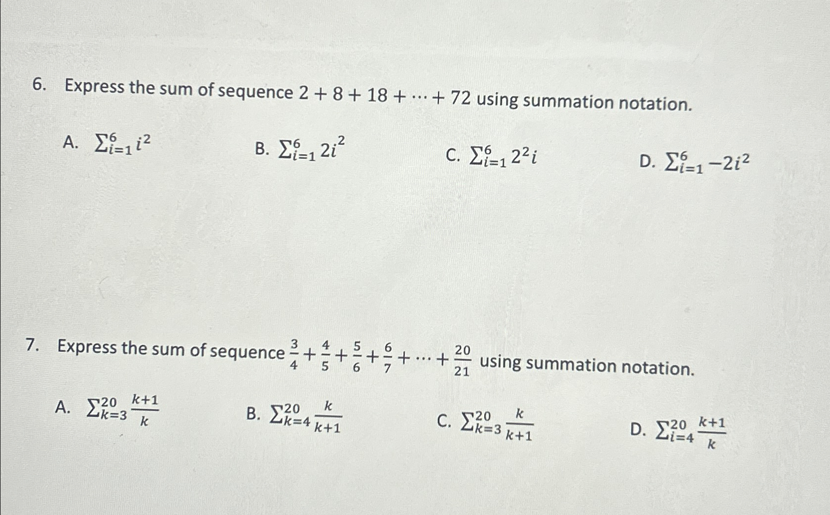 Solved Express the sum of sequence 2+8+18+cdots+72 ﻿using | Chegg.com