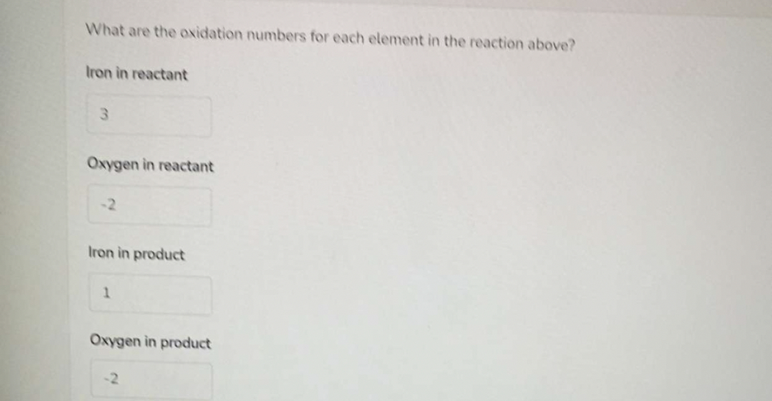 Solved Fe +O2 =Fe2 +O3 ﻿What are the oxidation numbers for | Chegg.com