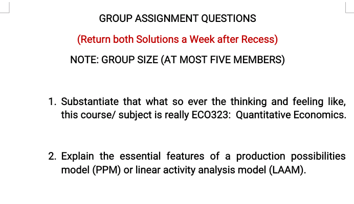 Solved GROUP ASSIGNMENT QUESTIONS(Return both Solutions a | Chegg.com