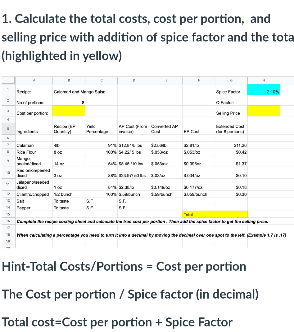 Calculate the total costs, cost per portion, | Chegg.com