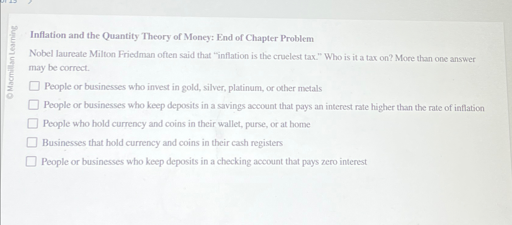 Solved Inflation and the Quantity Theory of Money: End of | Chegg.com