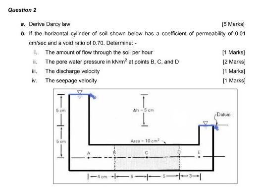 Solved a. Derive Darcy law [5 Marks] b. If the horizontal | Chegg.com