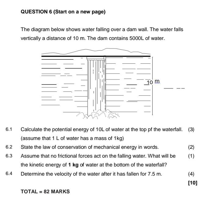 Solved The diagram below shows water falling over a dam | Chegg.com