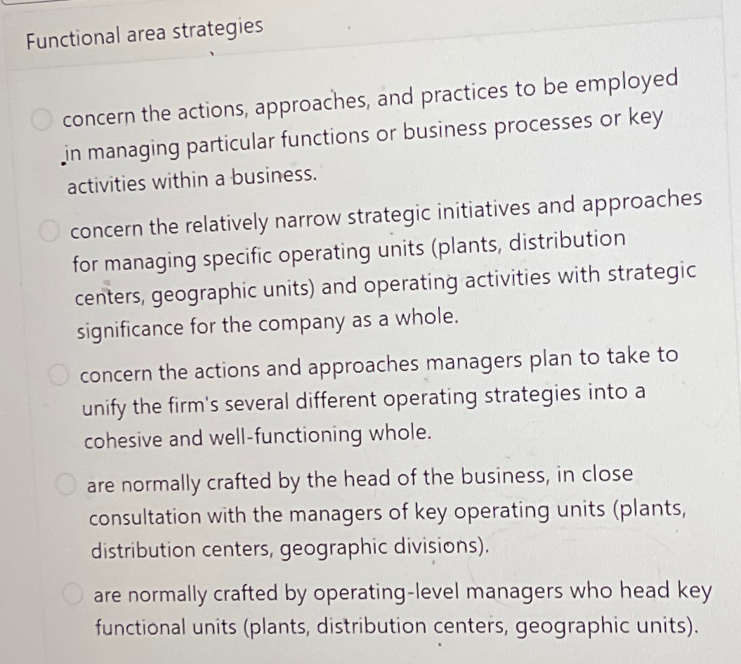Solved Functional area strategiesconcern the actions, | Chegg.com