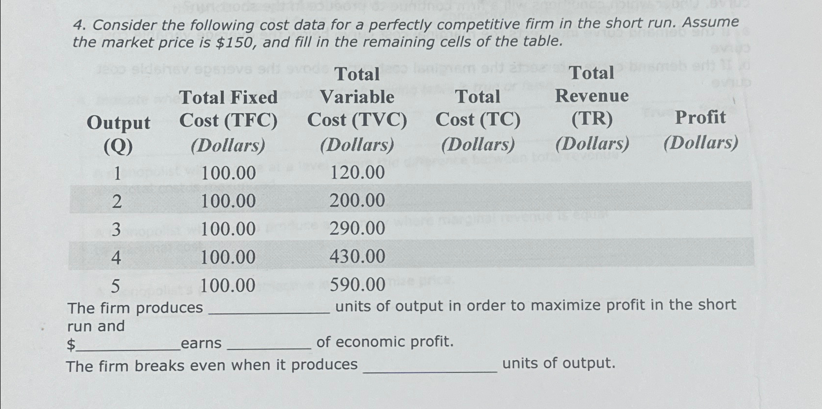 Solved Consider the following cost data for a perfectly | Chegg.com