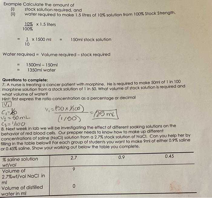 Solved =101×1500ml=150ml stock solution Water required = | Chegg.com