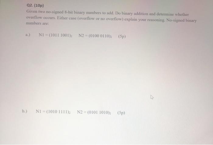 Solved Q2. (10p) Given two no-signed 8-bit binary numbers to | Chegg.com