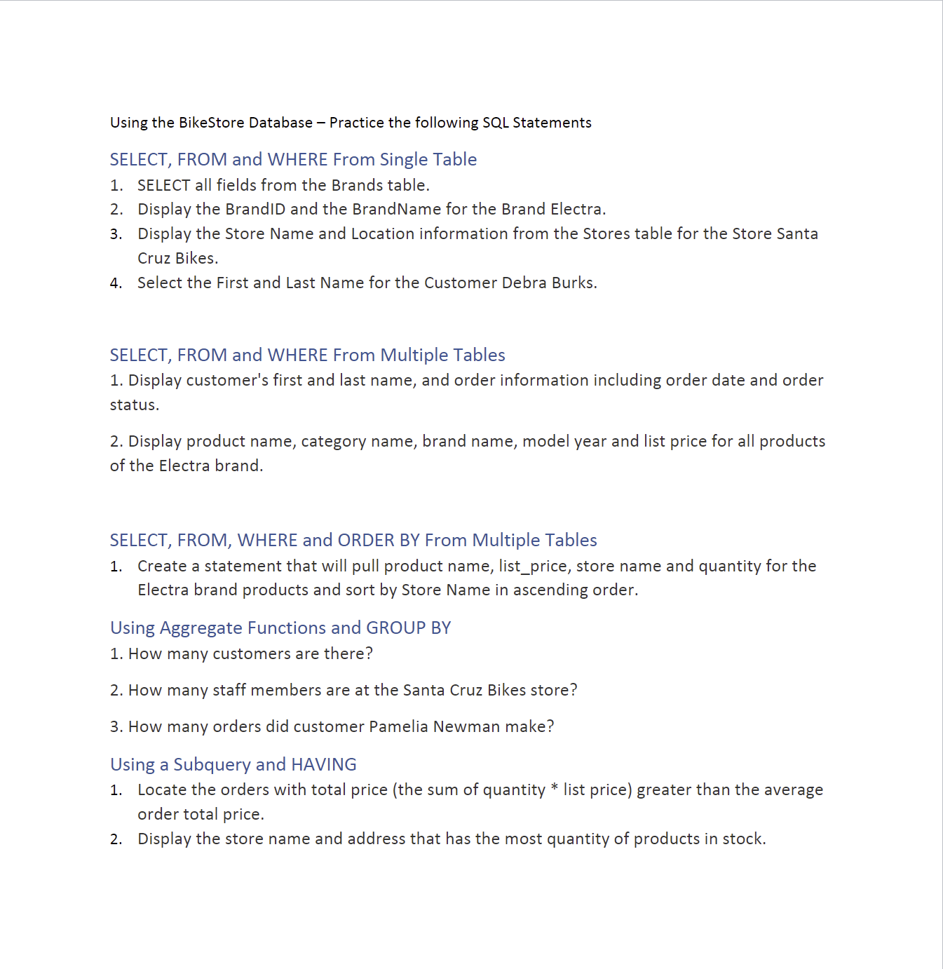 Solved Using the BikeStore Database - ﻿Practice the | Chegg.com