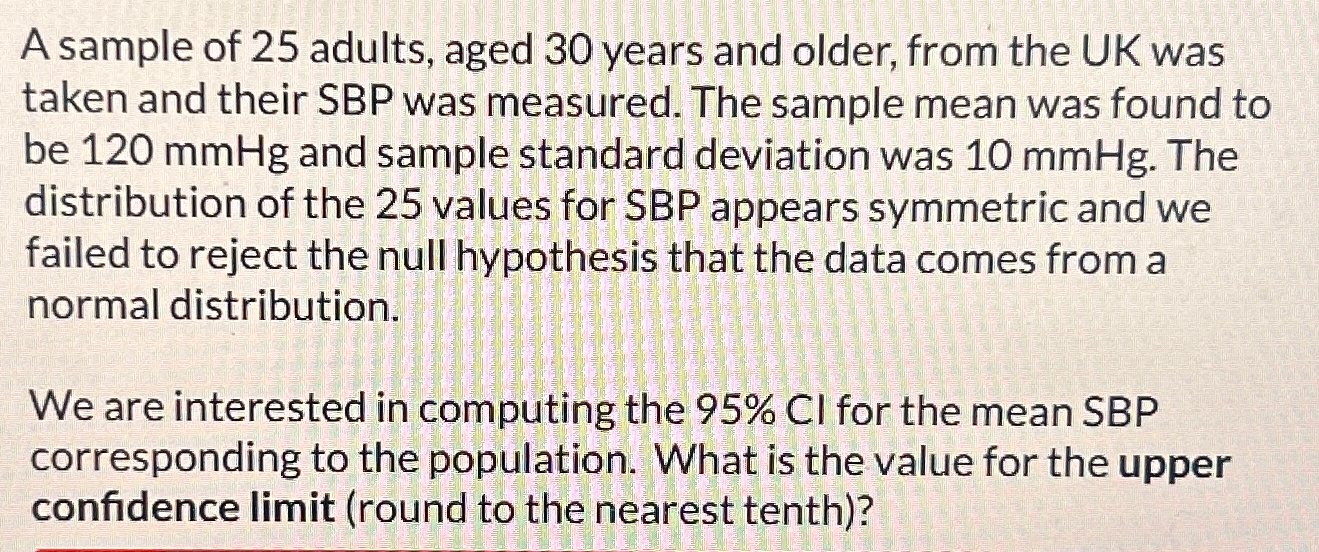 Solved A sample of 25 ﻿adults, aged 30 ﻿years and older, | Chegg.com