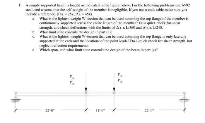Solved 1. A simply supported beam is loaded as indicated in | Chegg.com