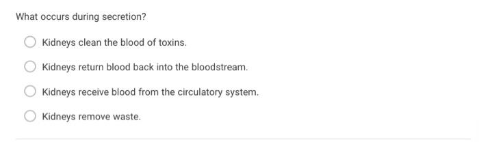 Solved What occurs during secretion? Kidneys clean the blood | Chegg.com