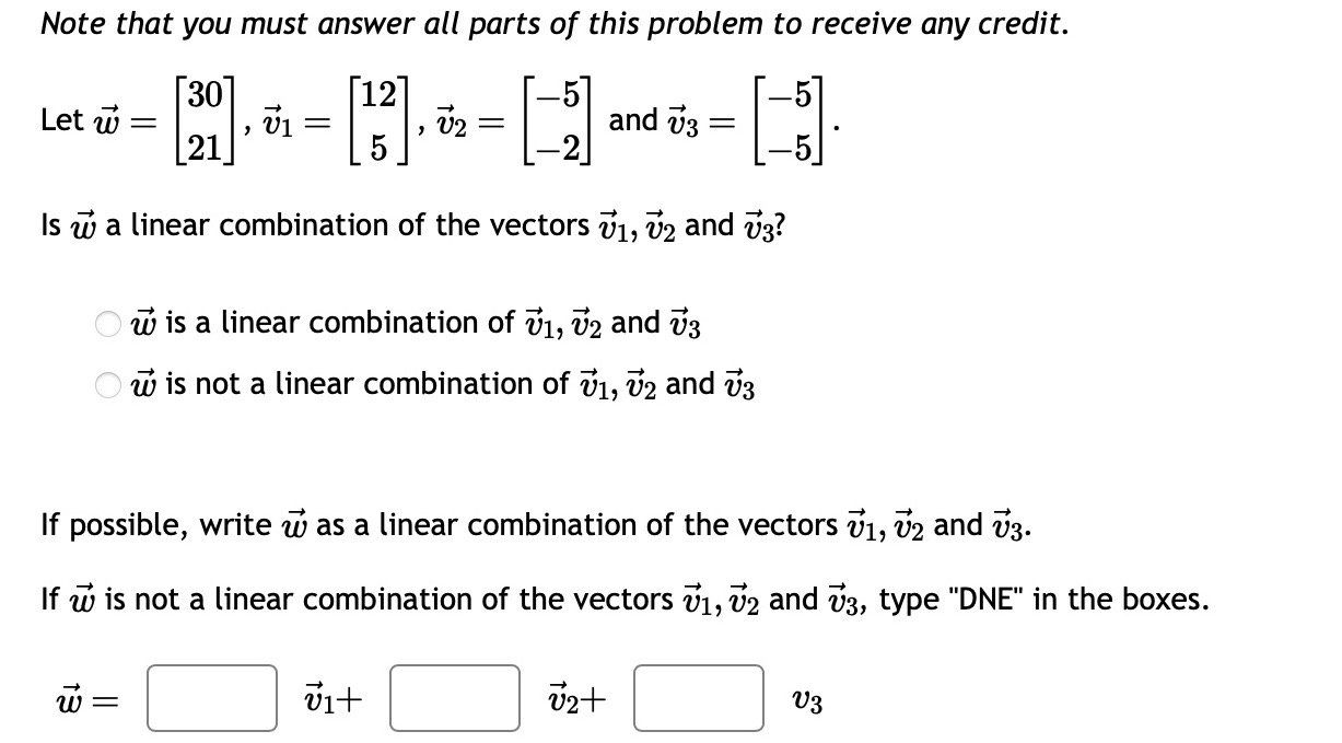 Solved If possible, write vec(w) ﻿as a linear combination of | Chegg.com
