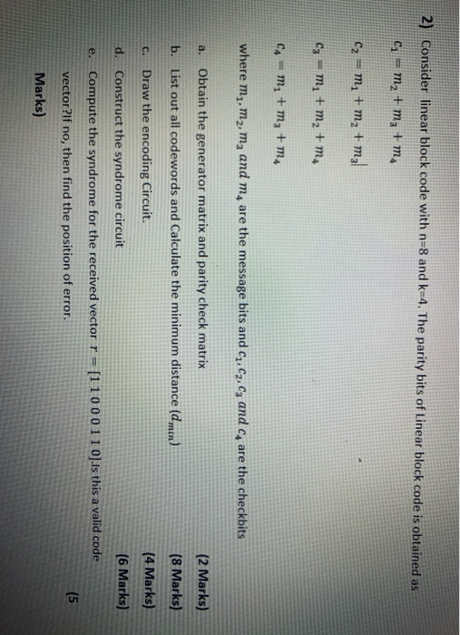 Solved 2 Consider Linear Block Code With N8 And K4 The