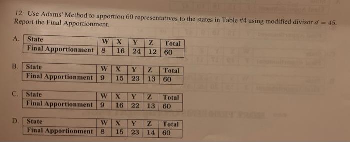 Solved 12. Use Adams' Method to apportion 60 representatives | Chegg.com