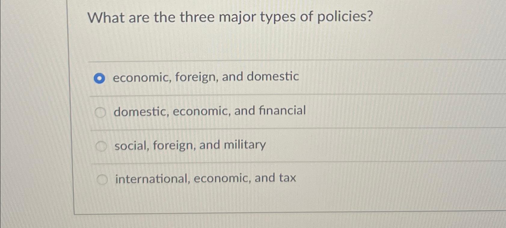 Solved What are the three major types of policies?economic, | Chegg.com
