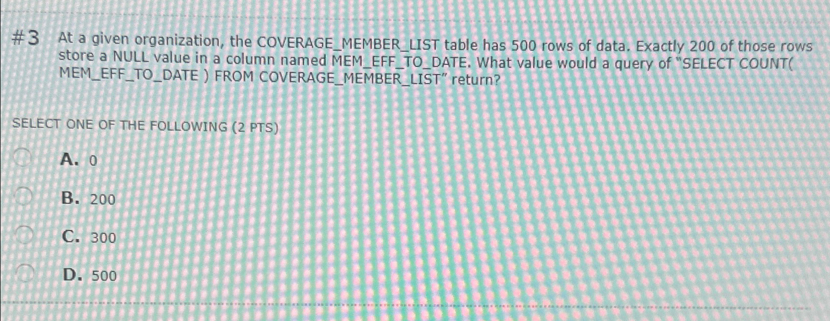 Solved #3 ﻿At a given organization, the COVERAGE_MEMBER_LIST | Chegg.com