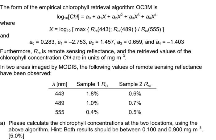 The form of the empirical chlorophyll retrieval | Chegg.com
