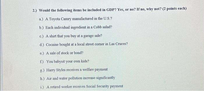 Solved 2.) Would the following items be included in GDP? | Chegg.com