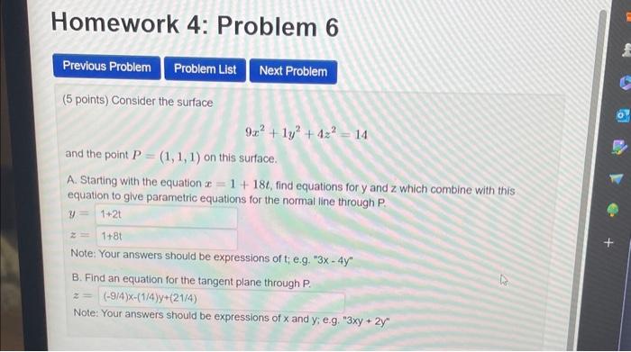 Solved (5 points) Consider the surface 9x2+1y2+4z2=14 and | Chegg.com