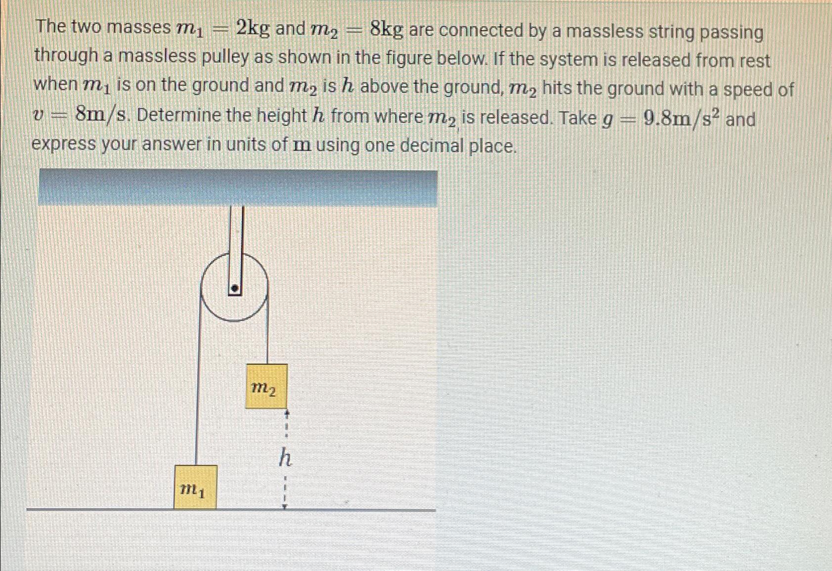 Solved The two masses m1=2kg ﻿and m2=8kg ﻿are connected by a | Chegg.com