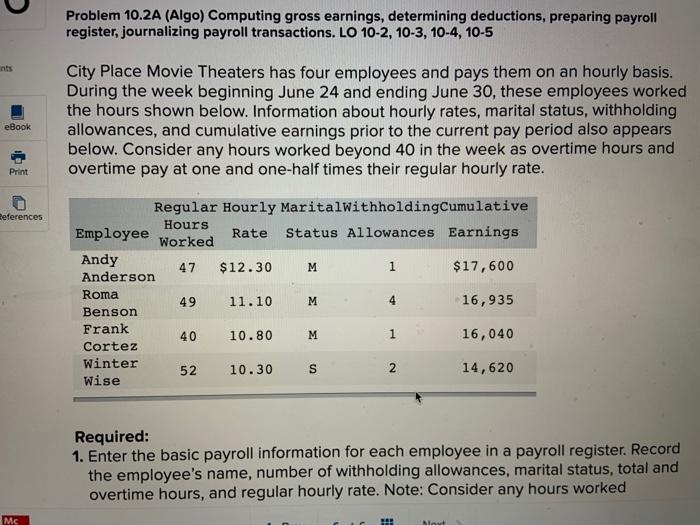 Problem 10.2A (Algo) Computing gross earnings, | Chegg.com