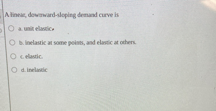 Solved A linear, downward-sloping demand curve is O a. unit | Chegg.com