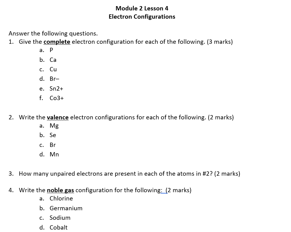Solved Module 2 ﻿Lesson 4Electron ConfigurationsAnswer the | Chegg.com