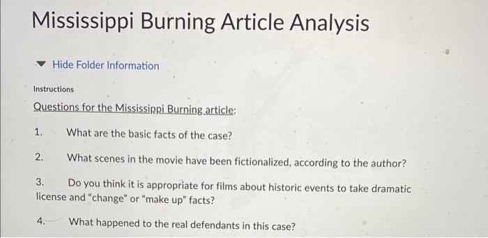 Mississippi Burning Article Analysis Hide Folder | Chegg.com