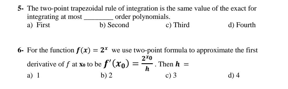Solved 5- The two-point trapezoidal rule of integration is | Chegg.com