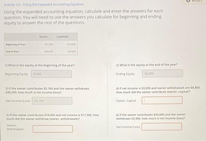 Solved Activity 4, b - Using the Expanded Accounting | Chegg.com