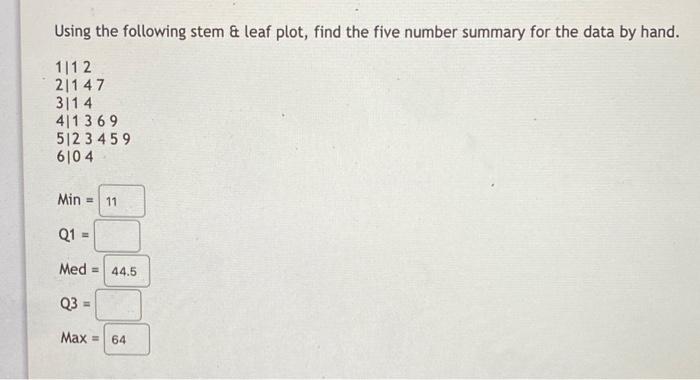 Solved Using the following stem & leaf plot, find the five | Chegg.com