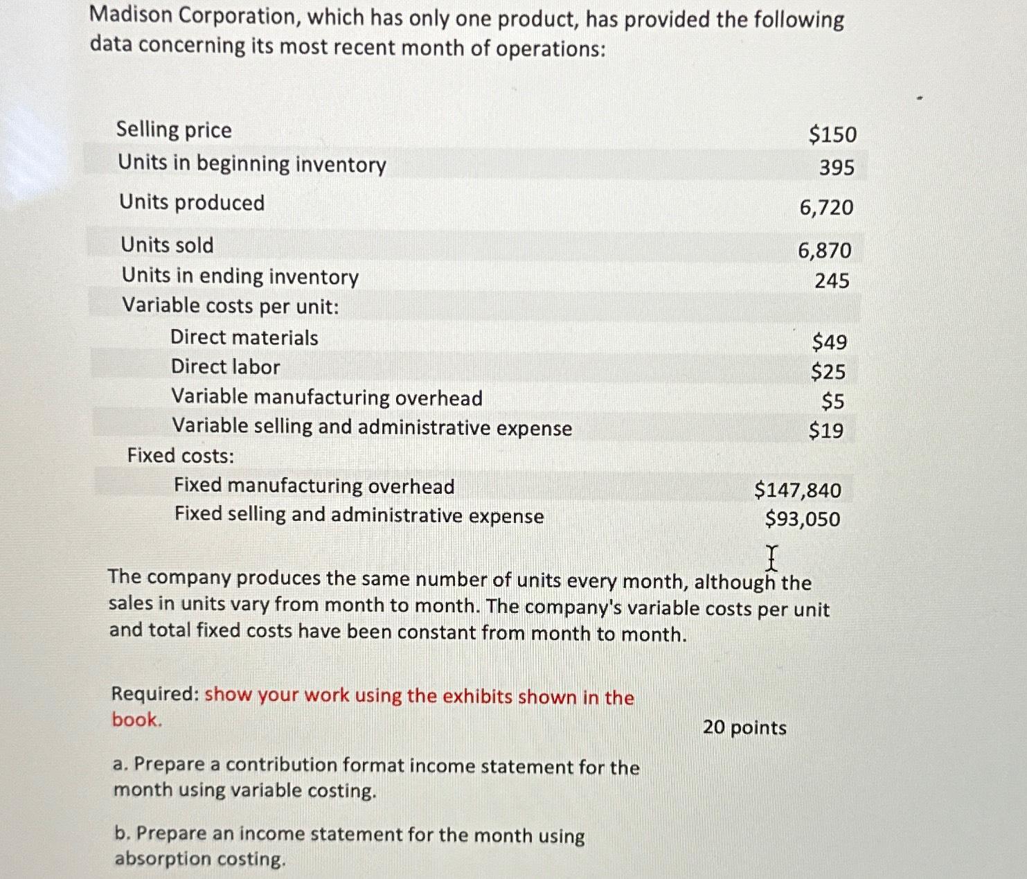 Solved Madison Corporation, which has only one product, has | Chegg.com