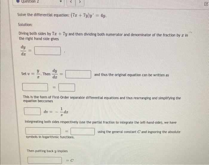 Solved Solve the differential equation: (7x+7y)y′=4y. | Chegg.com
