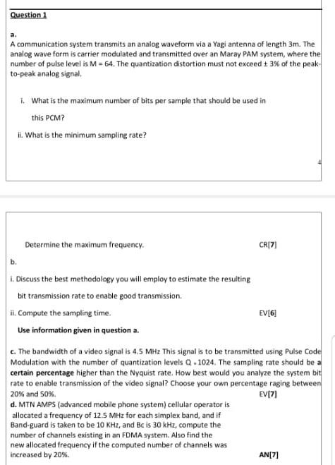 Solved Question 1 A communication system transmits an analog | Chegg.com