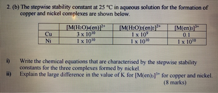 Solved 2. (b) The stepwise stability constant at 25 °C in | Chegg.com