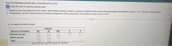 Solved Sample DataGiven the following sample data, complete | Chegg.com