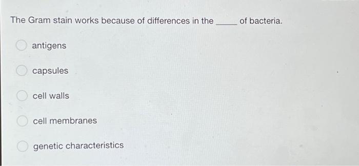 Solved The Gram stain works because of differences in the | Chegg.com